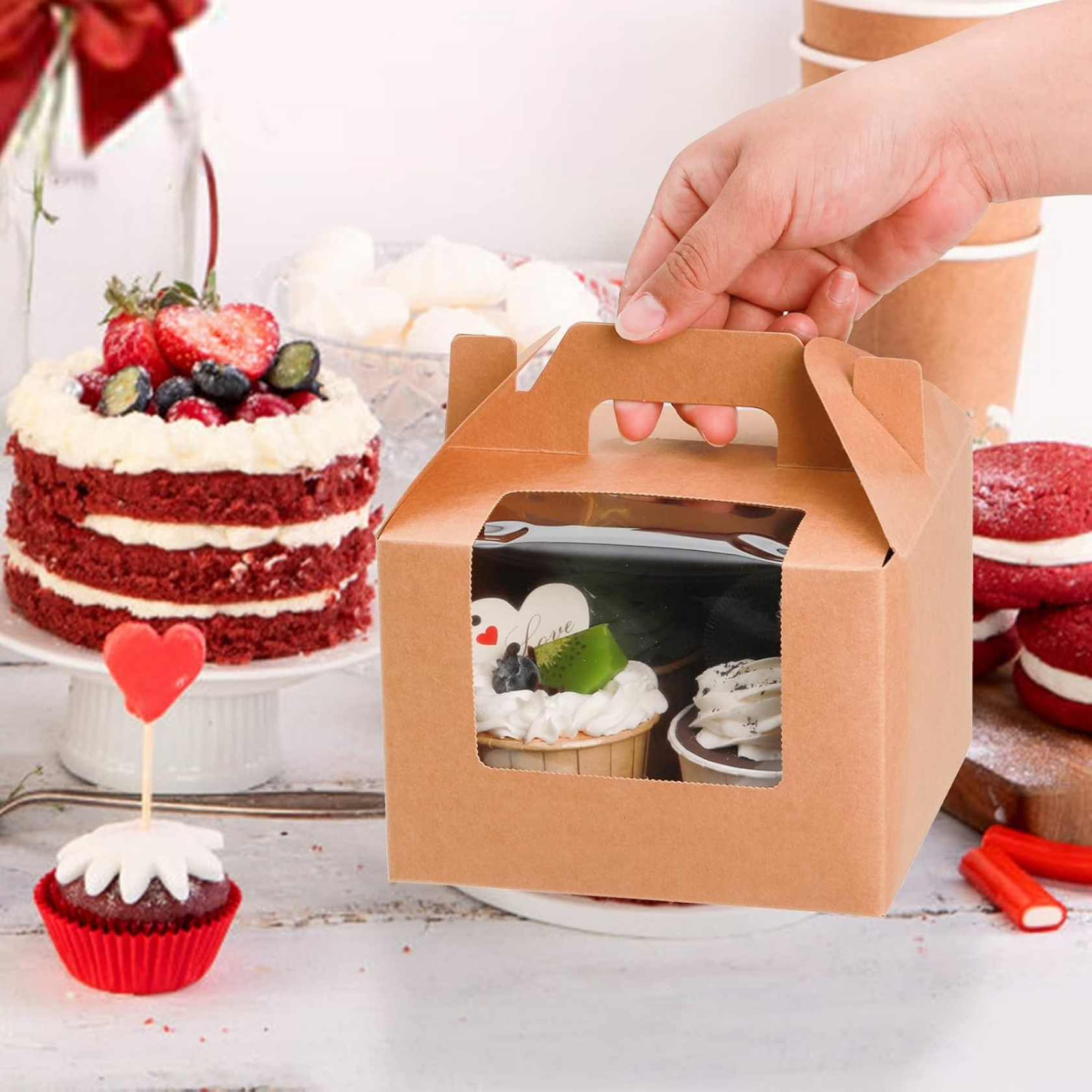 Single Kraft Cake Box 4 with Handle & Insert | For Cupcakes, Muffins ...